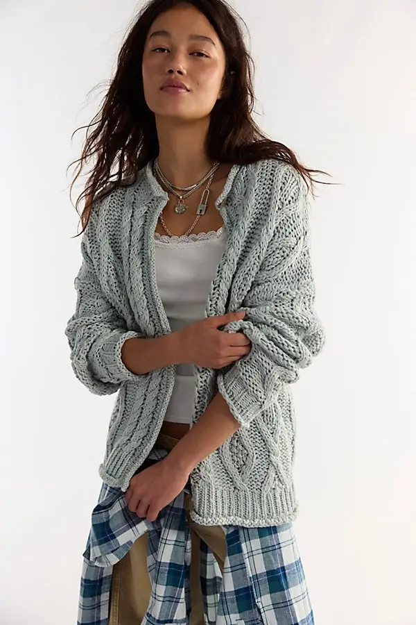 Free People Opal Knit Cardigan With Cable-knit Design - Glacier Mint