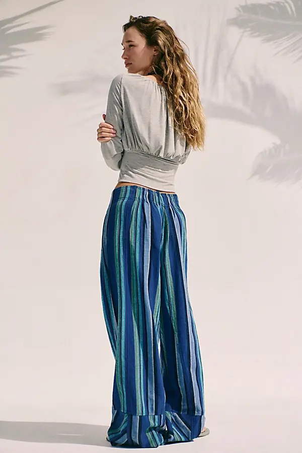 Free People Day's End Linen Striped Pull-on Pants - Navy Combo
