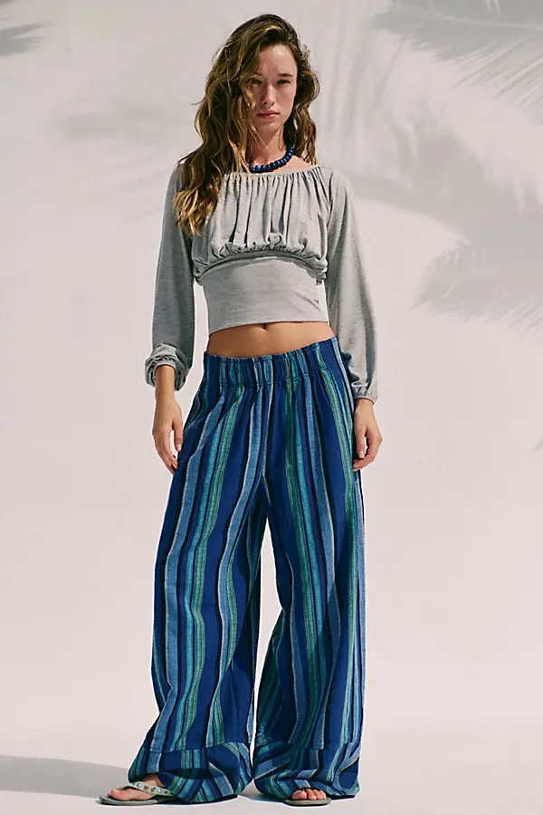 Free People Day's End Linen Striped Pull-on Pants - Navy Combo