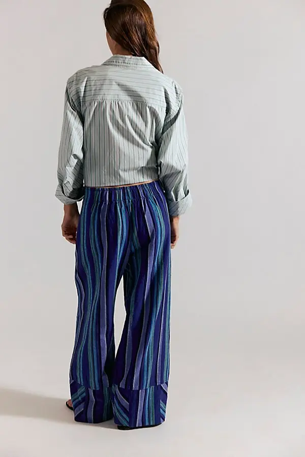 Free People Day's End Linen Striped Pull-on Pants - Navy Combo