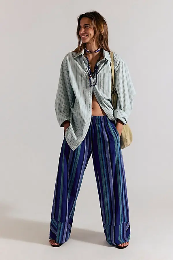 Free People Day's End Linen Striped Pull-on Pants - Navy Combo
