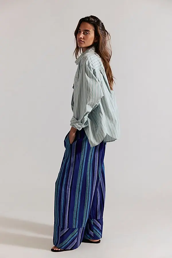 Free People Day's End Linen Striped Pull-on Pants - Navy Combo