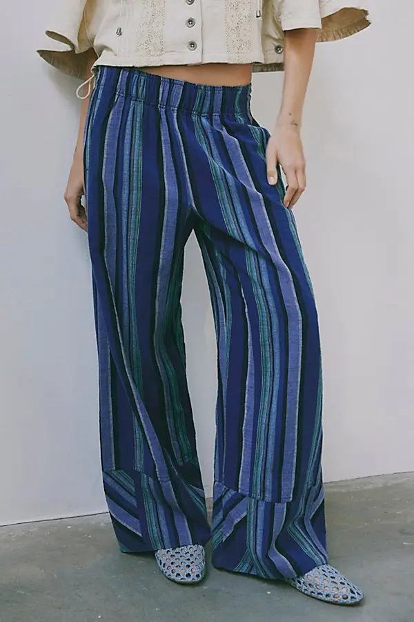 Free People Day's End Linen Striped Pull-on Pants - Navy Combo