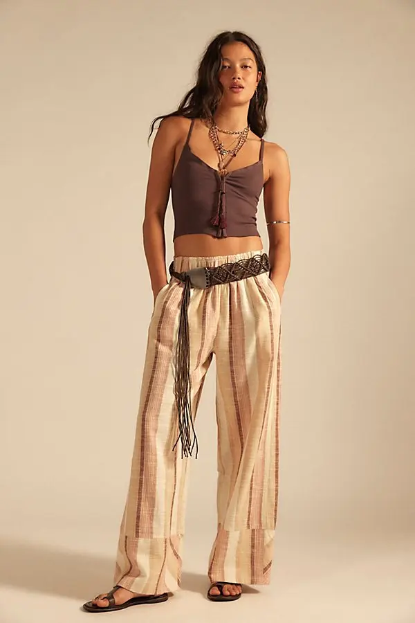 Free People Day's End Linen Striped Pull-on Pants - Tea Combo