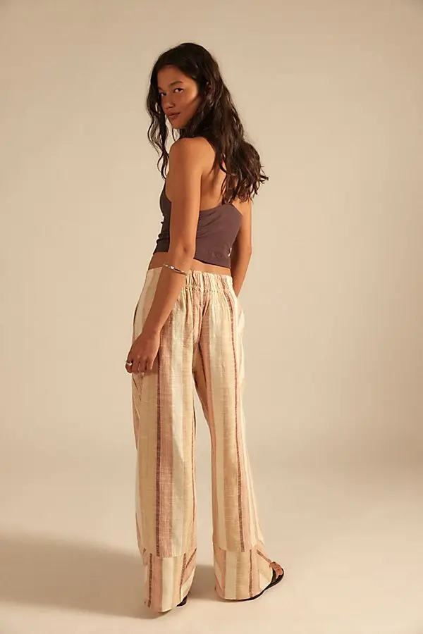 Free People Day's End Linen Striped Pull-on Wide Leg Pants - Tea Combo