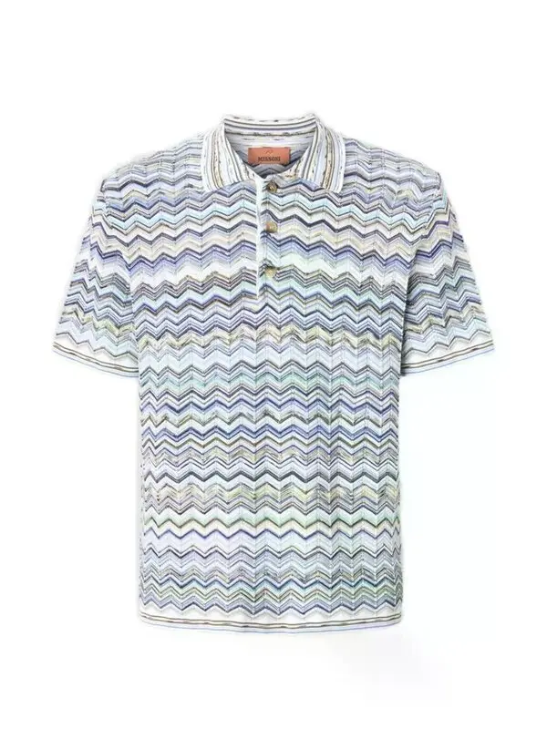 Missoni Cotton Knit Polo Shirt With Chevron Pattern - Blue