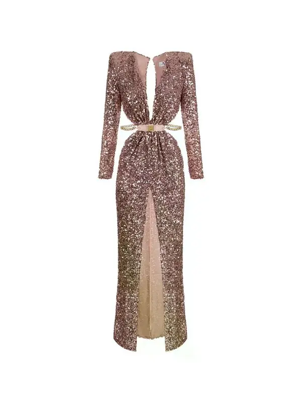 Elisabetta Franchi Red Carpet Sequined Maxi Dress With Belt