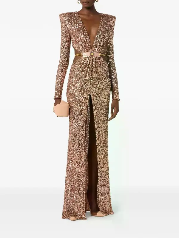 Elisabetta Franchi Red Carpet Sequined Maxi Dress With Belt