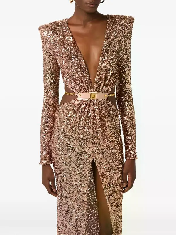 Elisabetta Franchi Red Carpet Sequined Maxi Dress With Belt