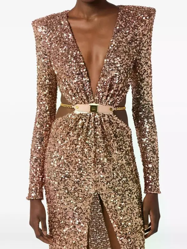 Elisabetta Franchi Red Carpet Sequined Maxi Dress With Belt