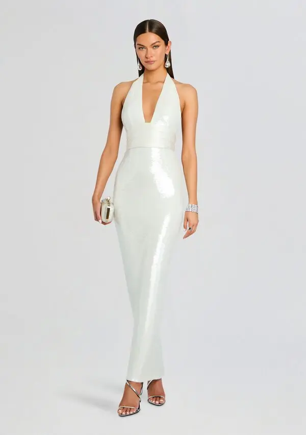 Retrofete Sequin Gown With Halter Neckline - Cream