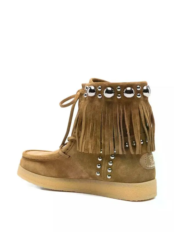 Valentino Garavani Studded Ankle Boots With Fringed Upper - Brown