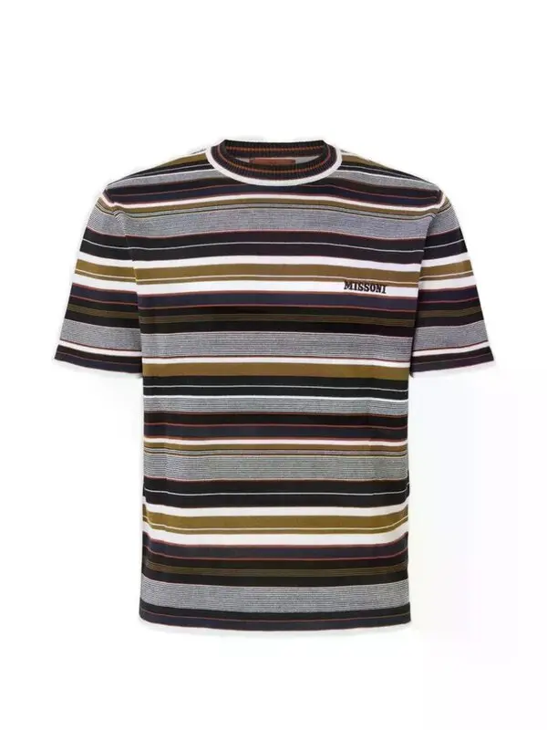 Missoni Striped Crew-neck Cotton T-shirt With Embroidered Logo Lettering - Grey