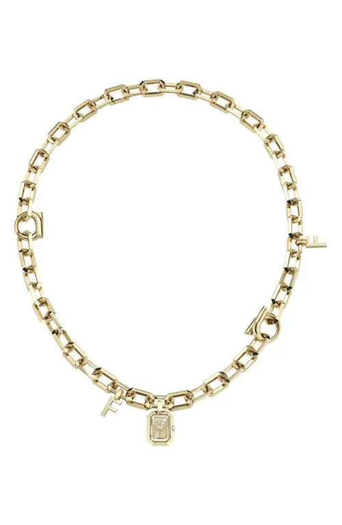 FERRAGAMO Watch Charm Chain Link Necklace - Yellow Gold