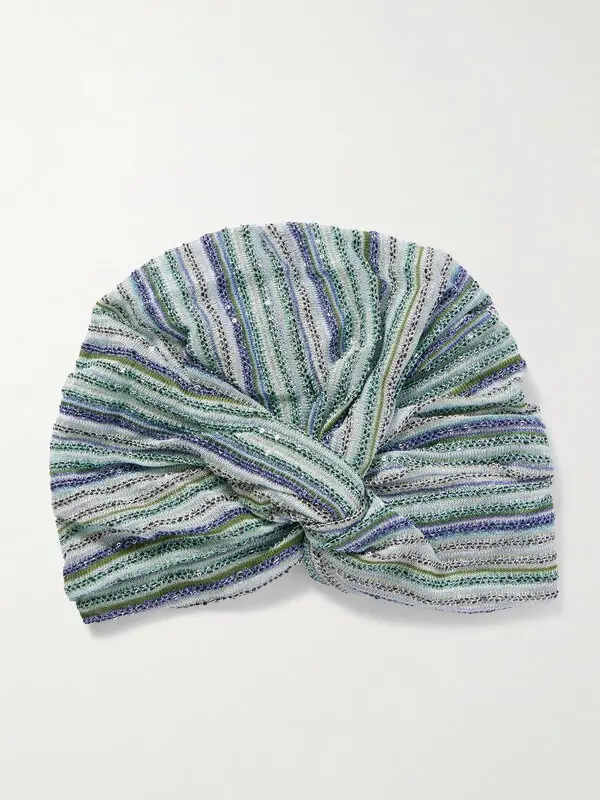 Missoni Sequin-embellished Metallic Crochet-knit Turban - Blue