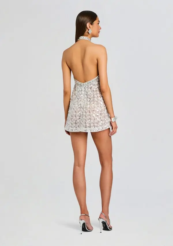 Retrofete Janneth Embroidered Halter Mini Dress - White/silver