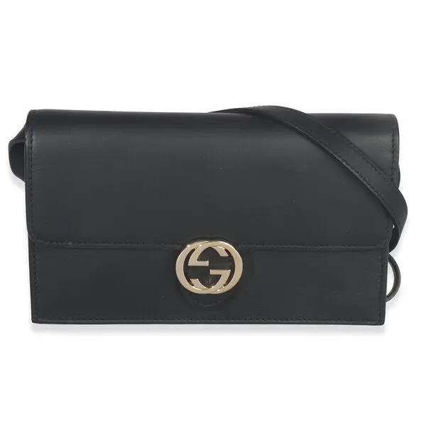 Gucci Smooth Calfskin Interlocking G Wallet On Strap - Black