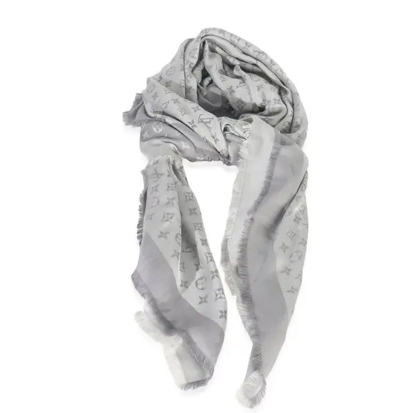LOUIS VUITTON Pearl Grey Silk Wool Monogram Denim Shawl