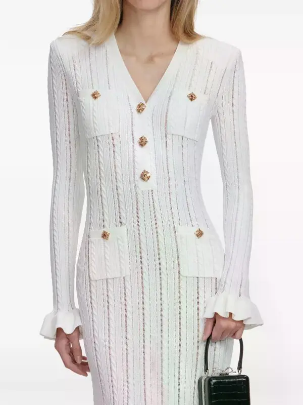 SELF-PORTRAIT Jewel-button Ruffled Midi Dress - Neutrals