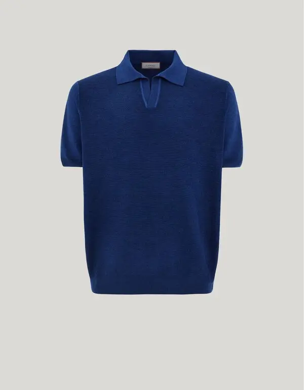 Canali Denim Open Collar Polo Shirt In Wool And Silk Blend - Blue