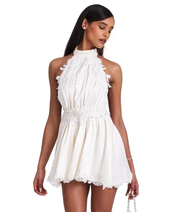MISS CIRCLE NEW YORK Idalia Beaded Lace Trim Backless Halter Mini Dress