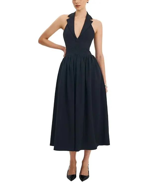 MISS CIRCLE NEW YORK Delaney Lapel Halter A-line Midi Dress - Black