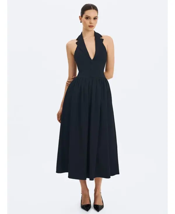 MISS CIRCLE NEW YORK Delaney Lapel Halter A-line Midi Dress
