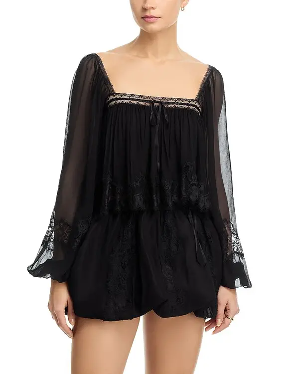 LoveShackFancy Ebbie Silk Top - Black