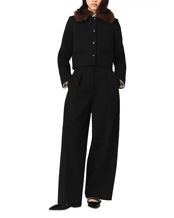 Maje Cropped Jacket With Faux Fur Collar