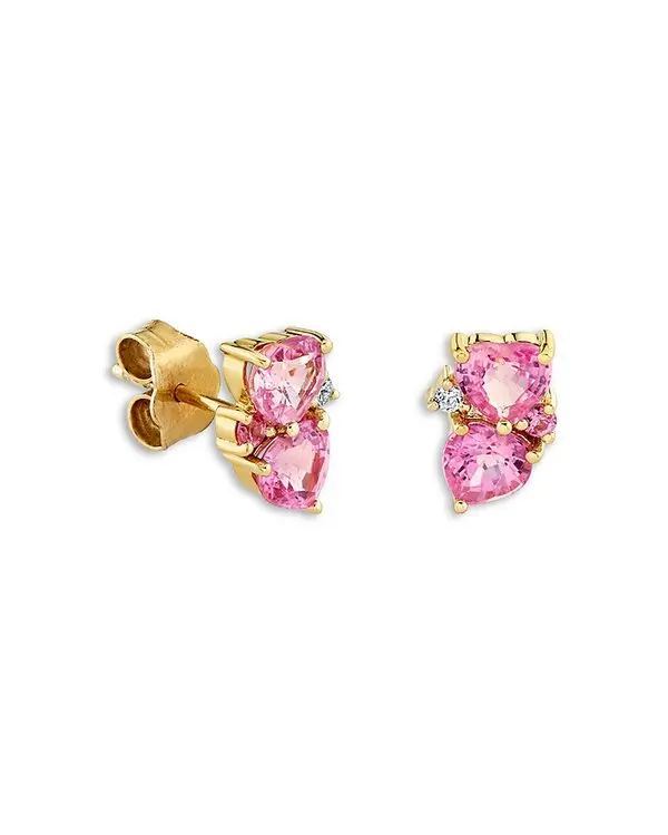 SYDNEY EVAN 14k Yellow Pink Sapphire And Diamond Double Heart Stud Earrings - Gold