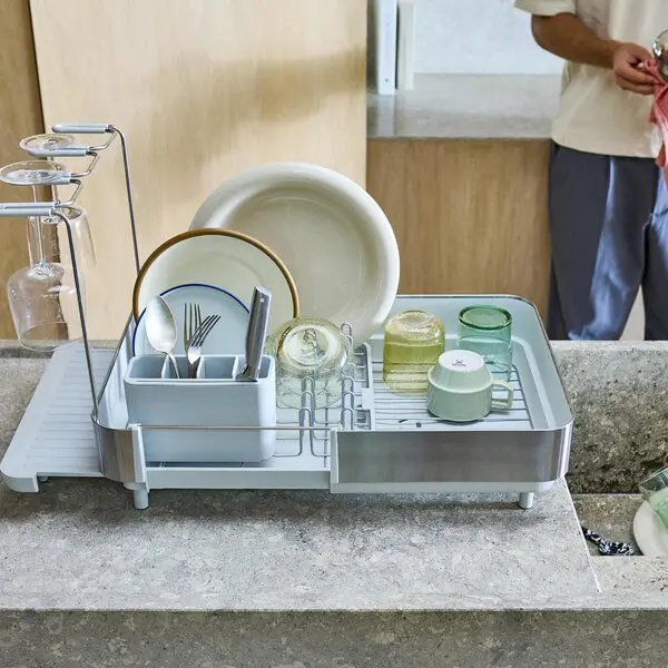 JOSEPH JOSEPH Extend Steel Plus Expandable Dish Rack With Wine Glass Holder Light Stone