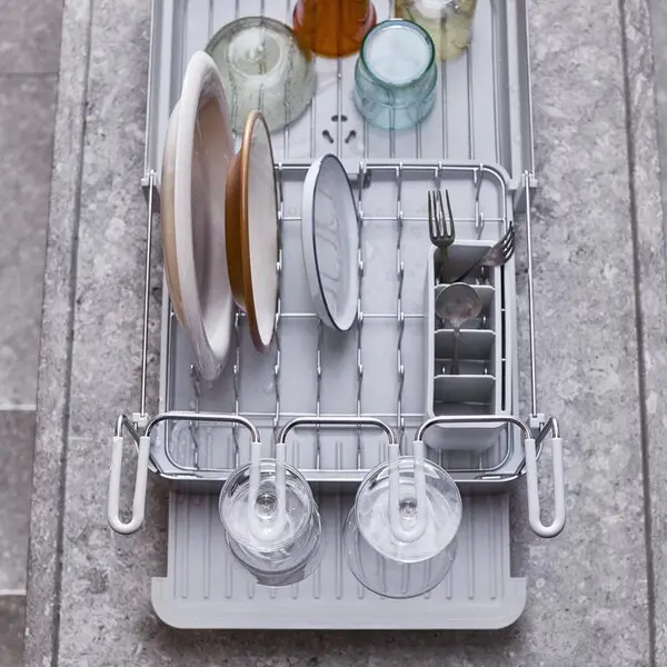 JOSEPH JOSEPH Extend Steel Plus Expandable Dish Rack With Wine Glass Holder Light Stone