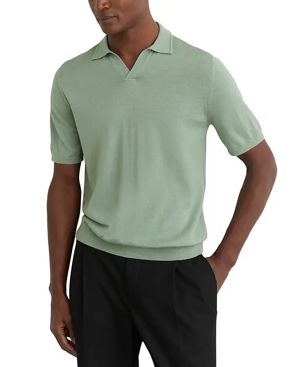 REISS Duchie Short Sleeve Open Collar Merino Polo Shirt - Light Sage