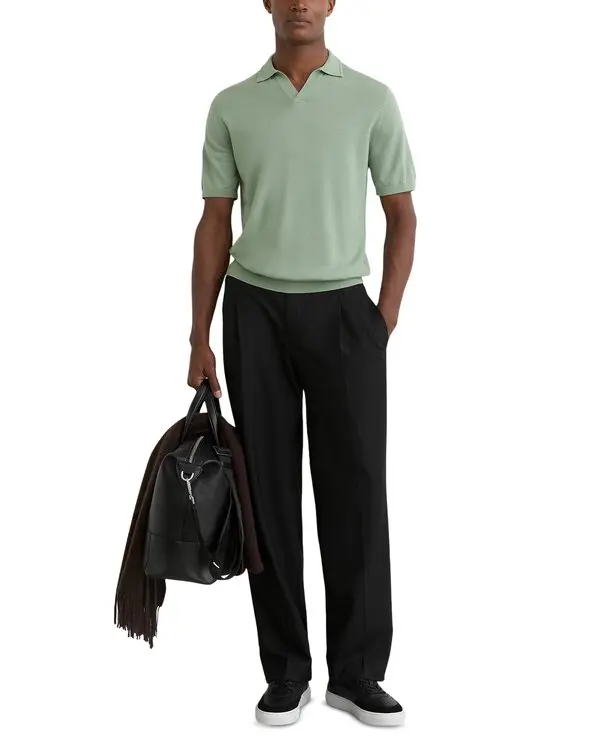 REISS Duchie Short Sleeve Open Collar Merino Polo Shirt - Light Sage