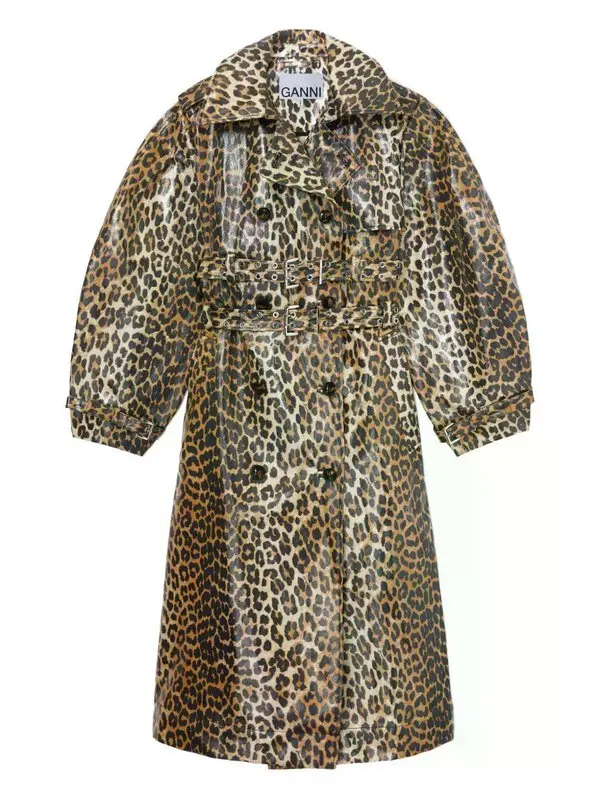 GANNI Belted Leopard Print Double-breasted Coat