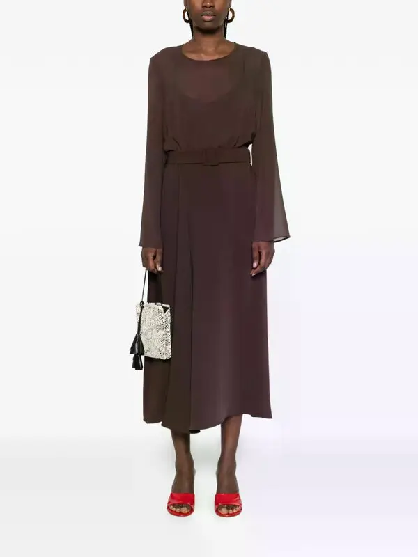 P.a.r.o.s.h Belted Midi Dress With Sheer Bell Sleeves - Brown