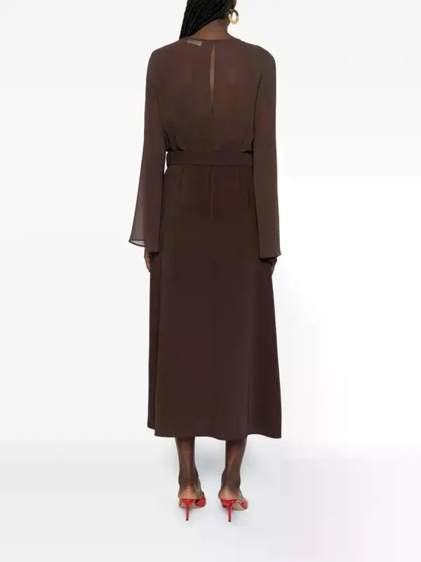 P.a.r.o.s.h Belted Midi Dress With Sheer Bell Sleeves - Brown