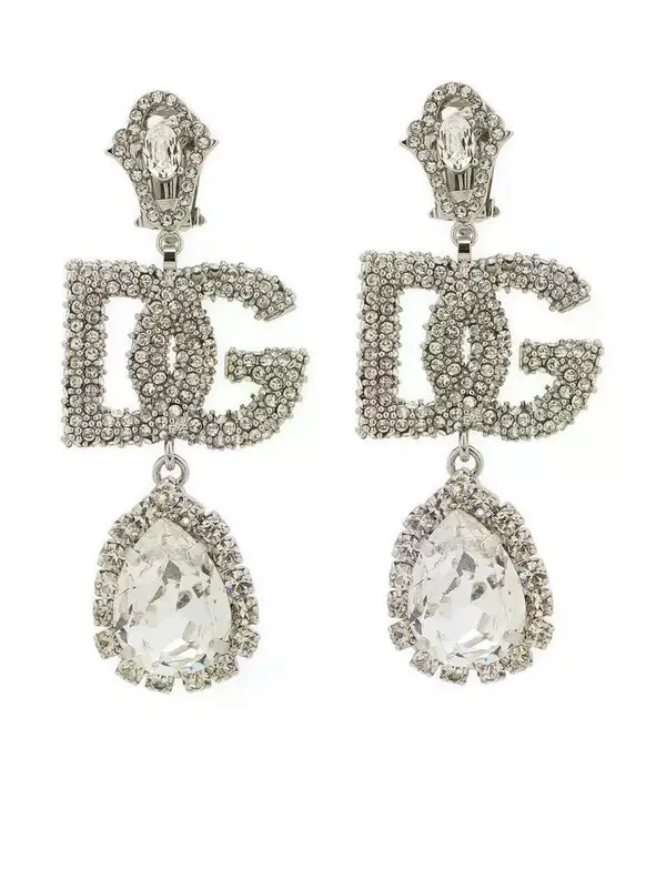 Dolce & Gabbana Dg Logo Crystal-embellished Clip-on Drop Earrings - Silver
