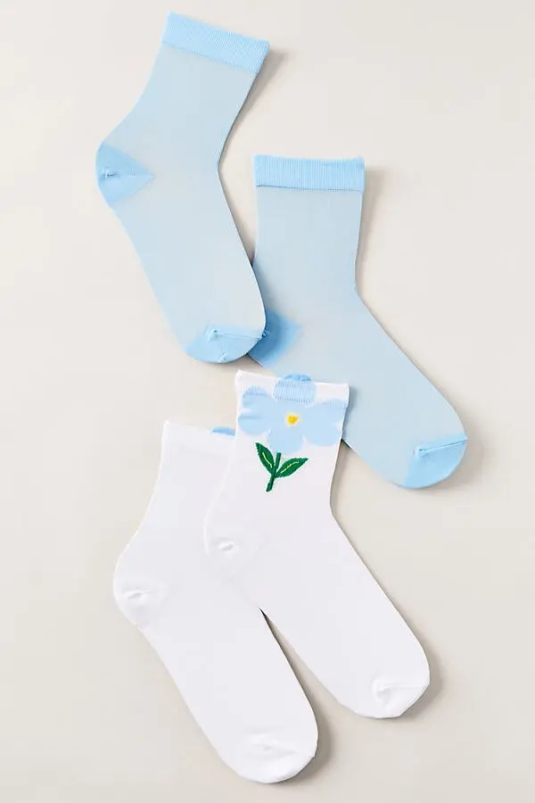 Anthropologie Sheer Icon Socks, Set Of 2 - Blue/blue Flower
