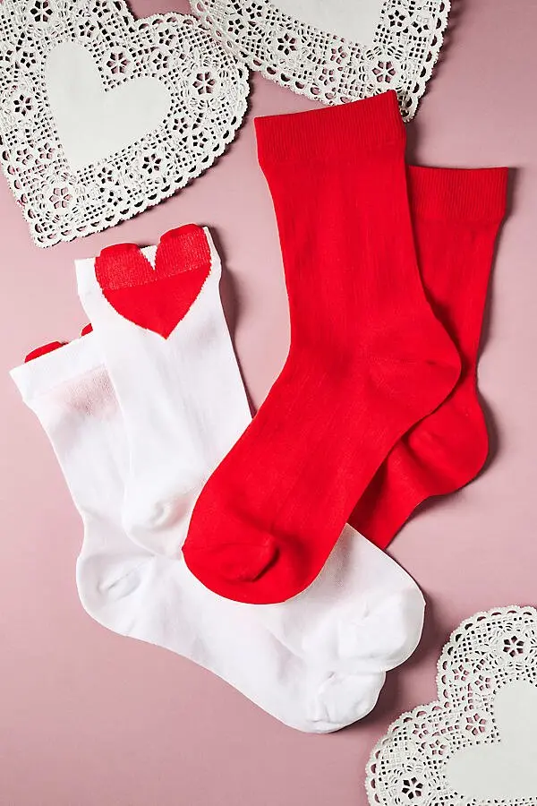 Anthropologie Sheer Icon Socks, Set Of 2 - Red/red Heart