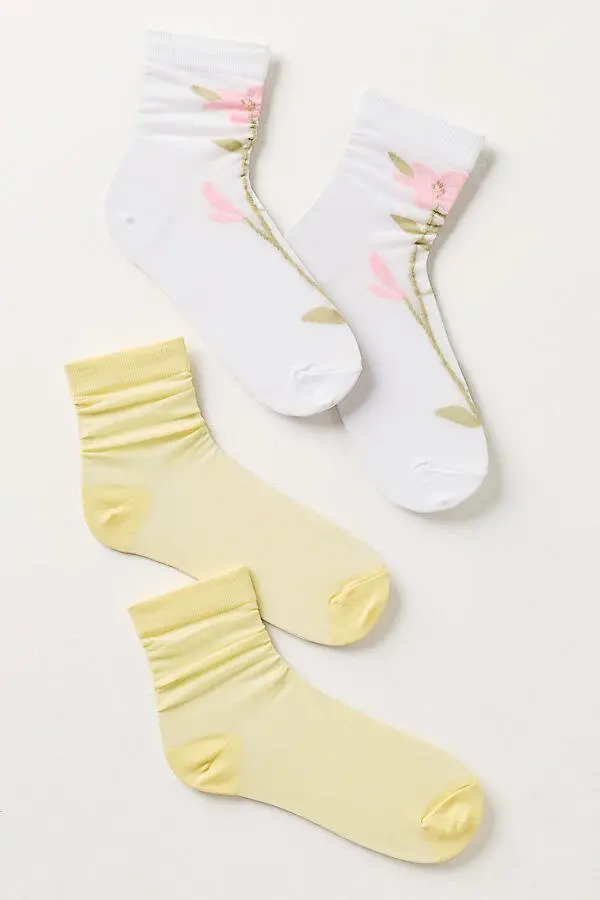 Anthropologie Sheer Icon Socks, Set Of 2 - Yellow/pink Flower