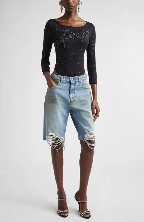 AREA Crystal Frayed Cutoff Denim Shorts