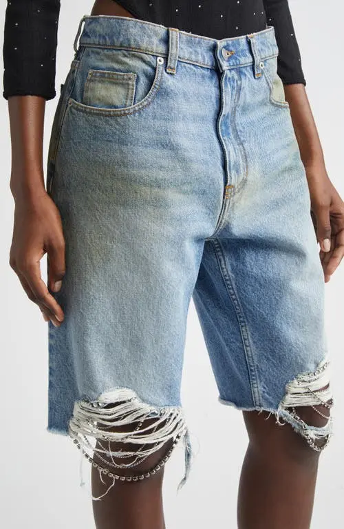 AREA Crystal Frayed Cutoff Denim Shorts