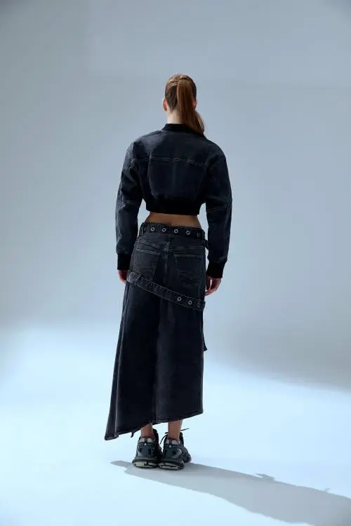 PCFG Colorblocked Denim Skirt With Belted Waist