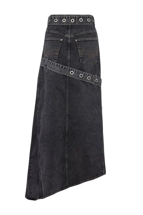 PCFG Colorblocked Denim Skirt With Belted Waist