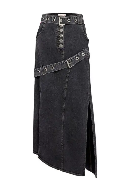 PCFG Colorblocked Denim Skirt With Belted Waist