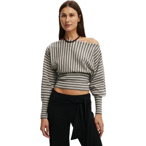COTTON ON Everfine Ls Batwing Knit - Tonal Grey Stripe