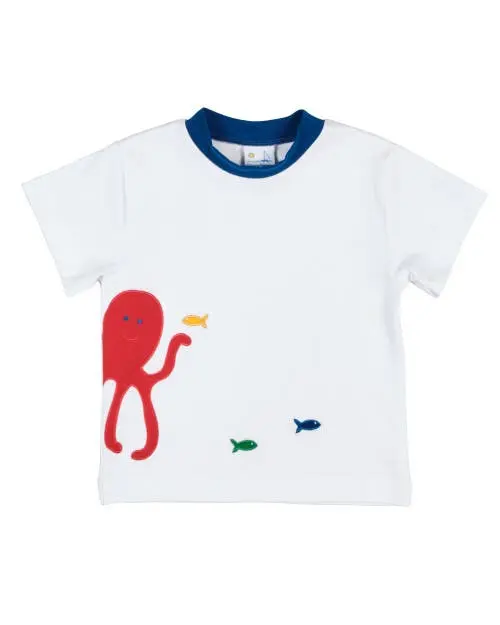 FLORENCE EISEMAN Knit Shirt With Appliqué Octopus And Fish - White/royal