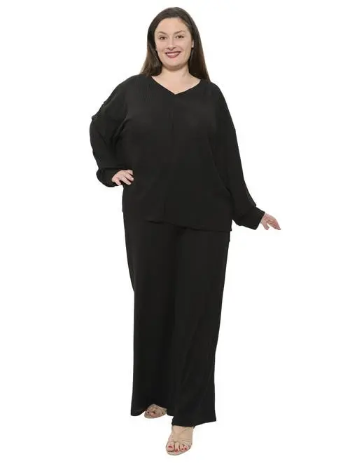 24SEVEN COMFORT APPAREL V-neck Waffle Knit Lounge Set - Black