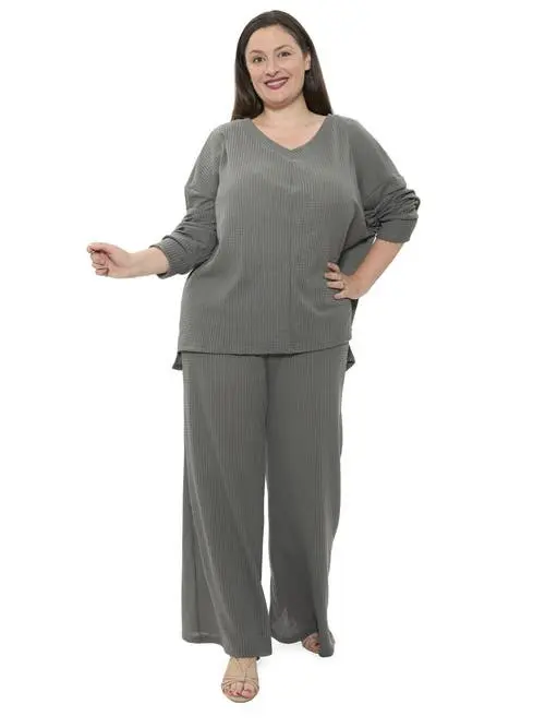 24SEVEN COMFORT APPAREL V-neck Waffle Knit Lounge Set - Grey
